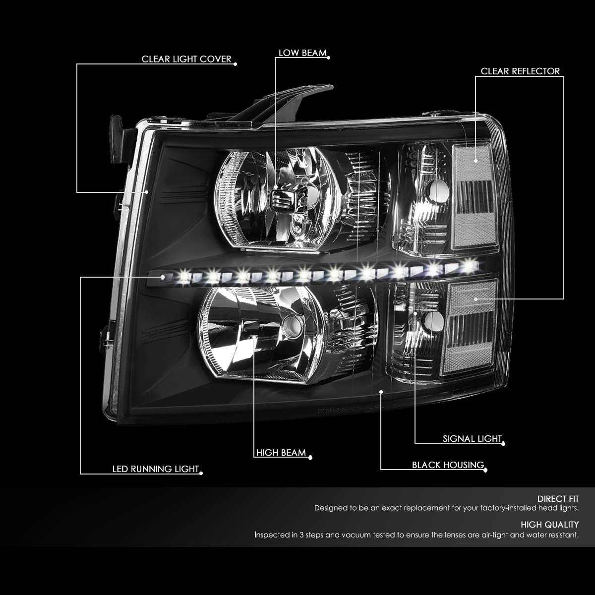 DNA MOTORING HL-LED-CSIL07-BK-CL1 Pair LED DRL Strip Headlight/Lamp Compatible with 07-14 Silverado, Black