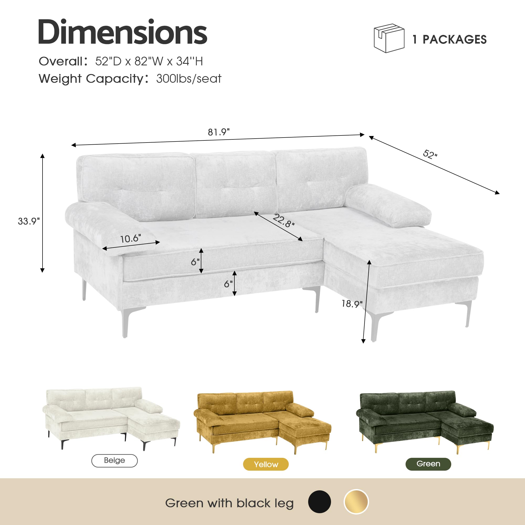 L Shaped Convertible Sectional Couch,82" Luxury Chenille 3-Seater Comfy Sofa With Reversible Chaise & Fluffy Armrests For Living Room Apartment Small Space Bedroom Office(Beige+Black legs,82")