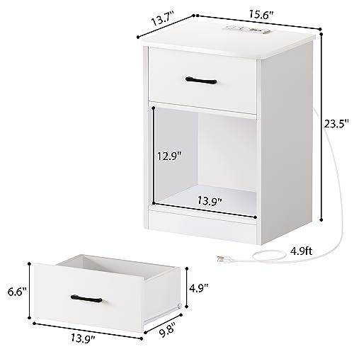 SUPERJARE L Shaped Computer Desk with Power Outlets & LED Lights and Nightstands Set of 2 with Charging Station & LED Light Strips, White