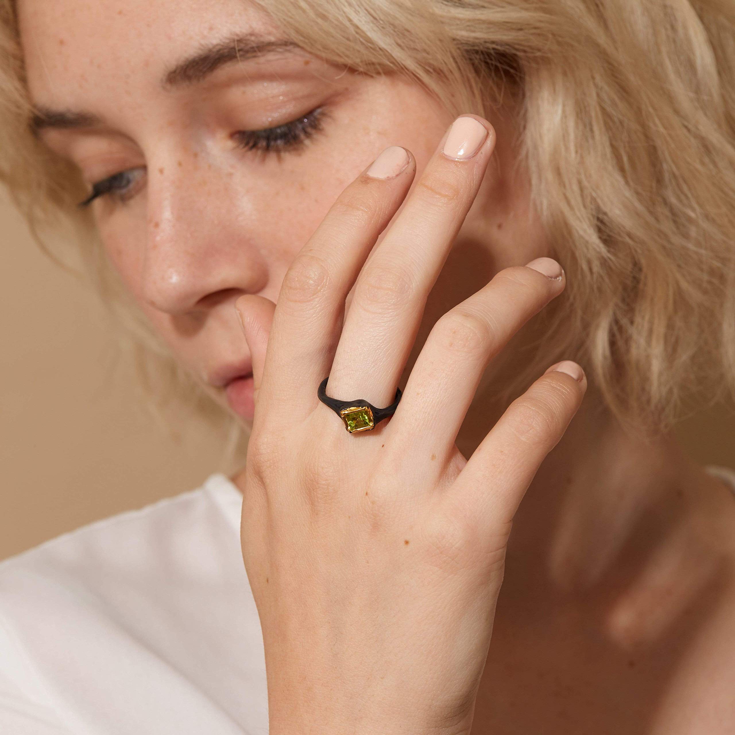 german kabirski 925 Sterling Silver Green Peridot Handmade Ring with Gold and Black Anthracite Plating Size 6.5