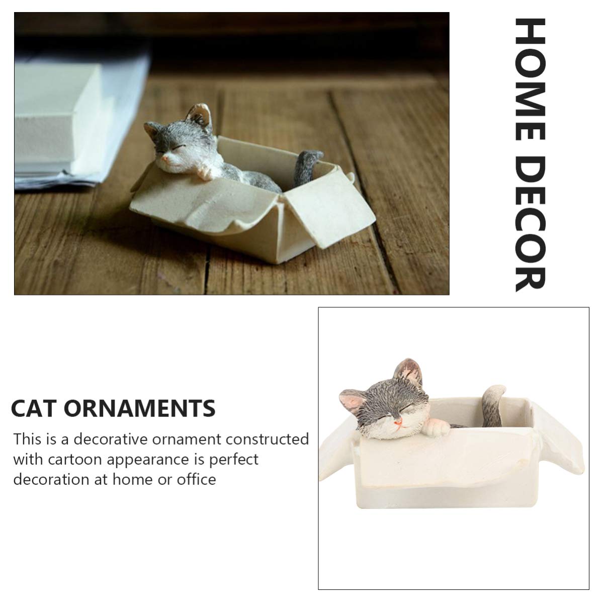 Garneck Resin Cat Figurines Little Kitty Sleeping in Box Statue Realistic Kitten Collection Crafts for Living Room Bedroom Garden (Grey)