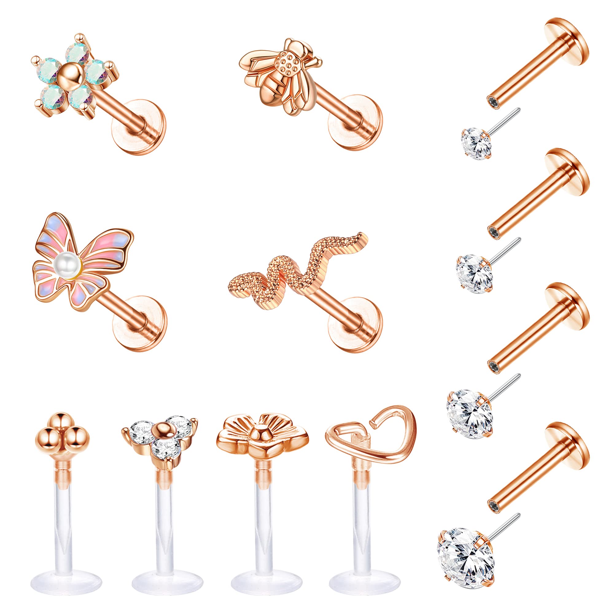FIBO STEEL 16G Surgical Steel Forward Labret Helix Earrings for Women Threadless Push in Lip Rings Tragus Medusa Conch Monroe Piercing Jewelry Rose Gold-tone