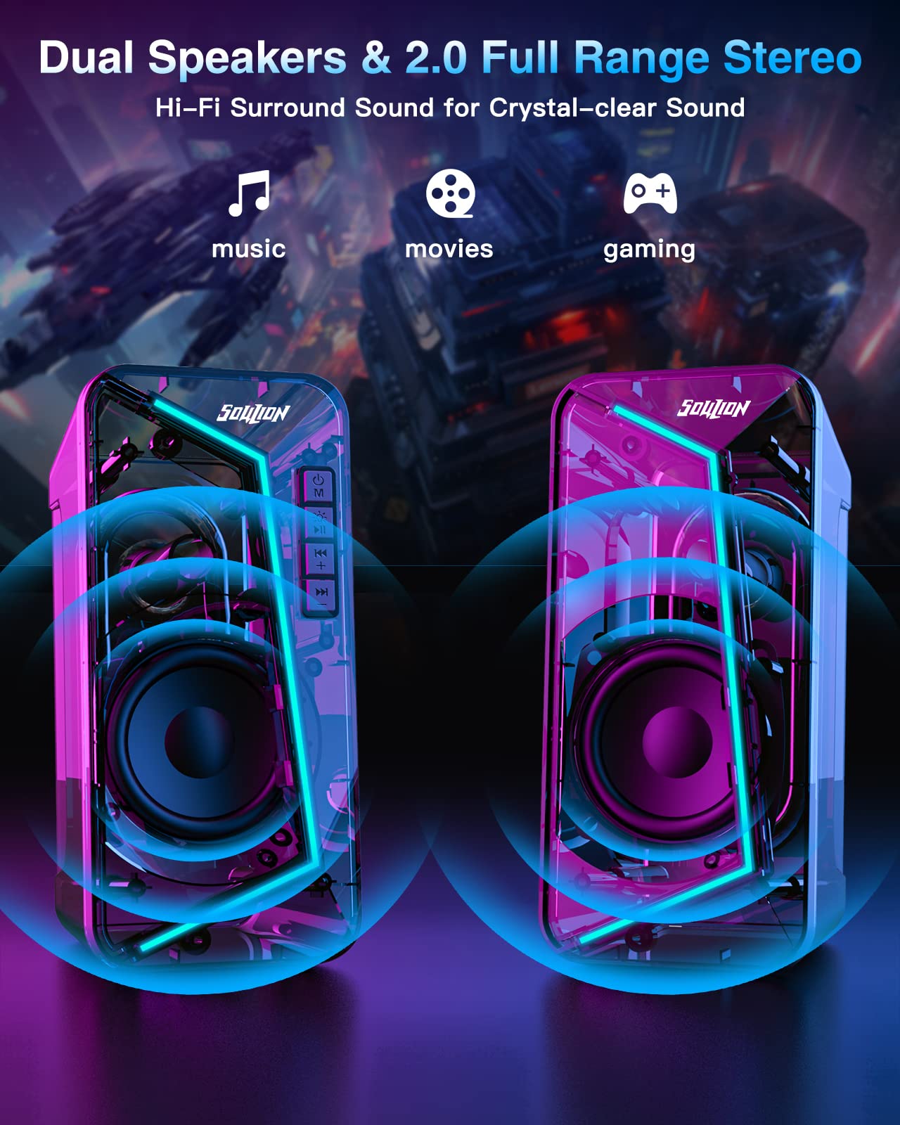 SOULION R40 Computer Speakers, USB/Bluetooth V5.3 Desktop Speakers for PC Monitor Gaming, with Customize 6 Lighting Effects, 2.0 Channel Surround Stereo & Quality Bass