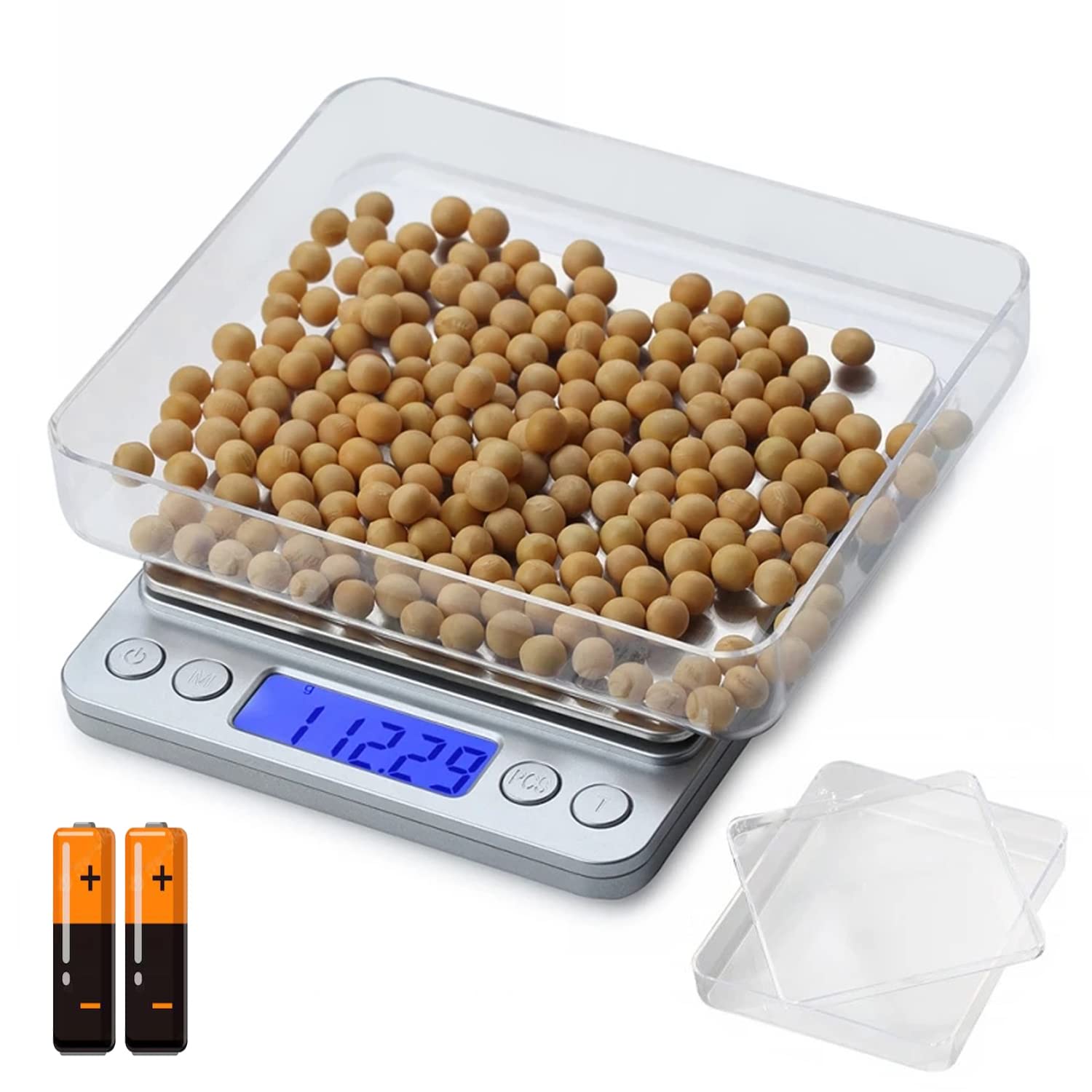 Digital Kitchen Scale 2000g x 0.1g Jewelry Cooking Food Scale Stainless Steel (Batteries Included) with 2 Clear Expanding Trays