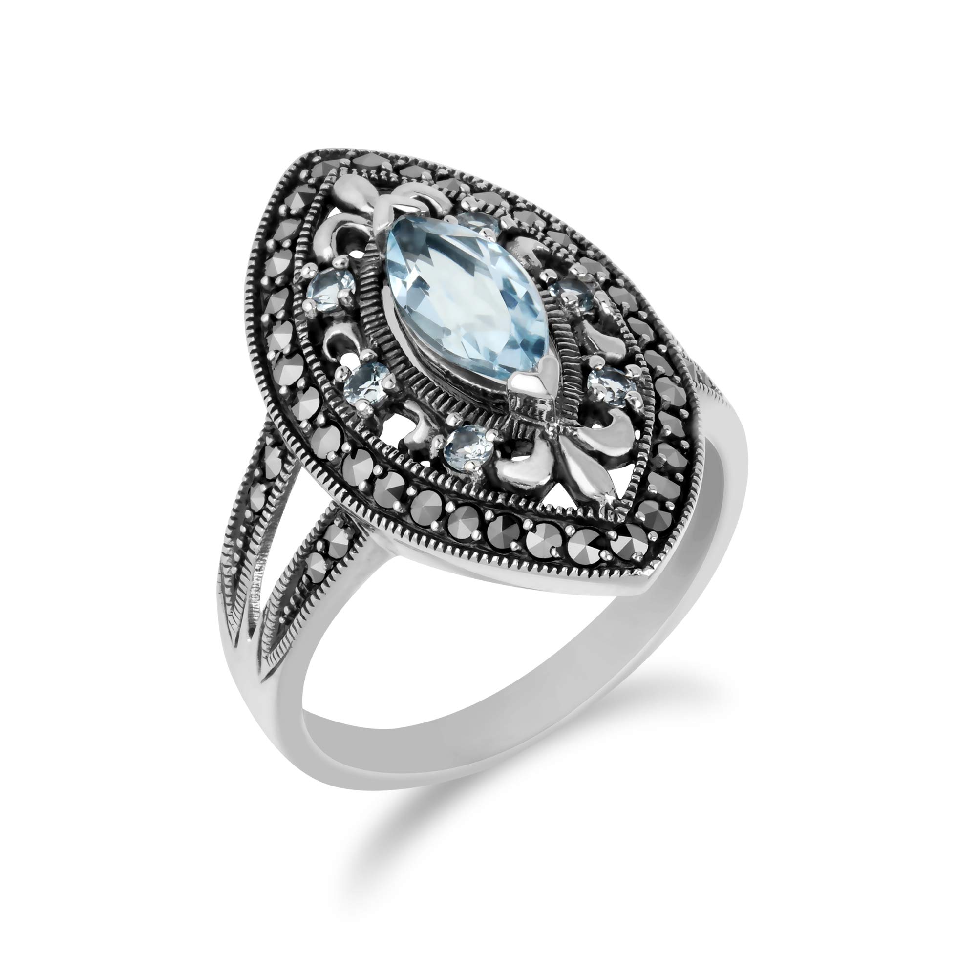 Gemondo USA 925 Sterling Silver 10x5mm Marquise Sky Blue Topaz & Marcasite Large Statement Ring