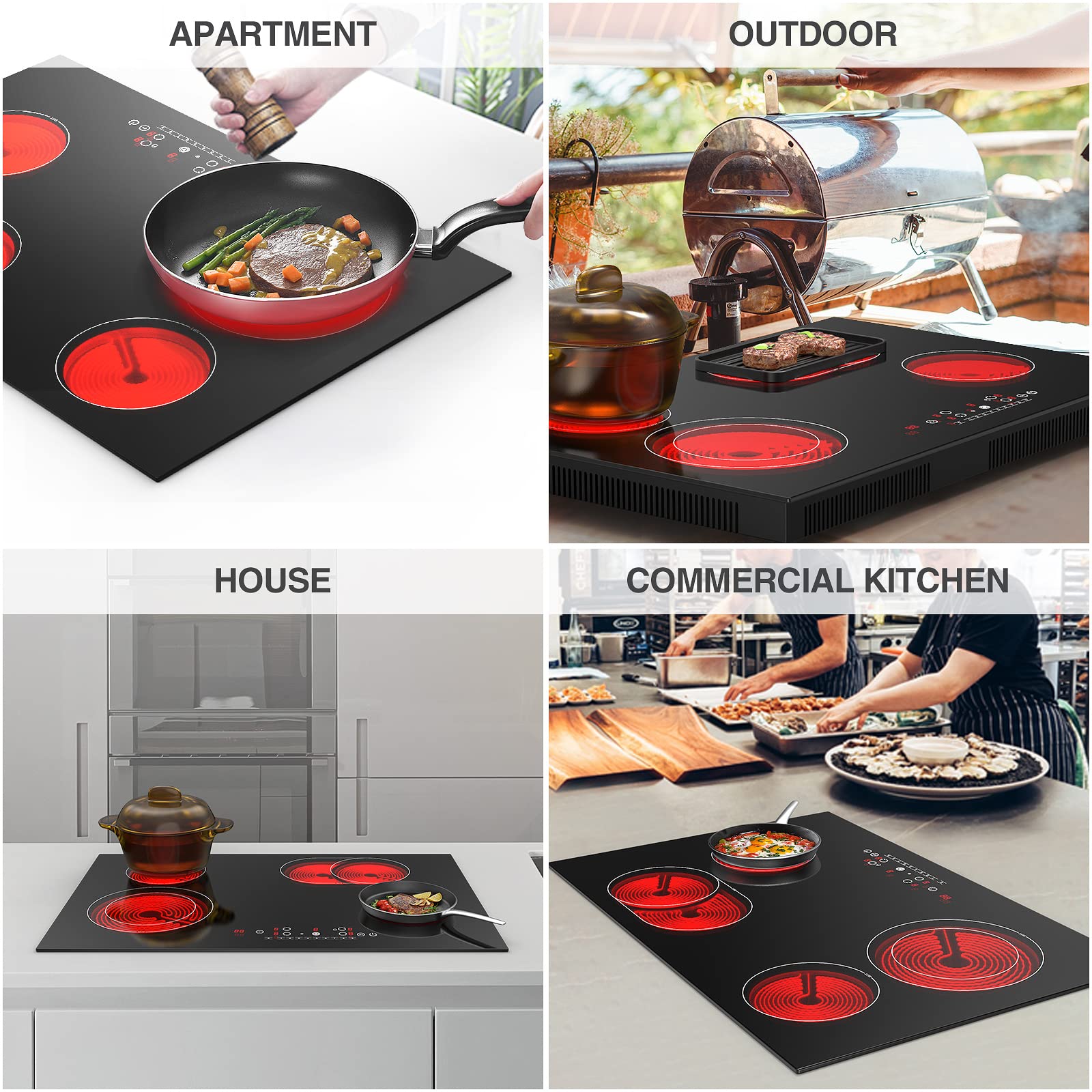 Electric Cooktop 30 Inch, Built-in Radiant Electric Stove 4 Burners, 6800W Ceramic Cooktop, 9 Heating Level Overheat Protection with Touch Screen, Timer & Safety Lock