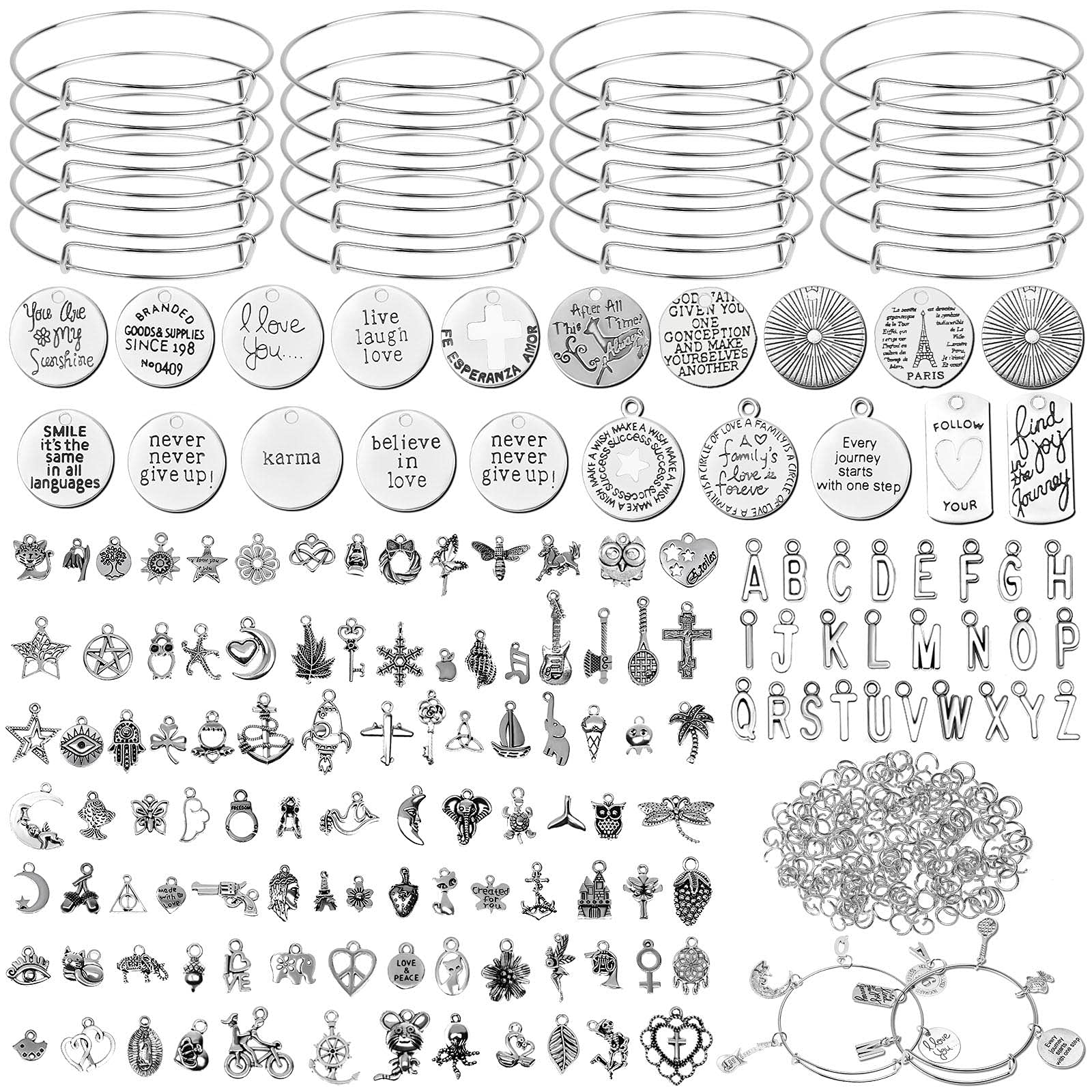 Flasoo 376Pcs Bangles Bracelet Making Kit Include 30Pcs Expandable Bangle Adjustable Wire Bracelets 146Pcs Assorted Tibetan Silver Charm Pendants and 200Pcs Jump Rings for DIY Craft Jewelry Making