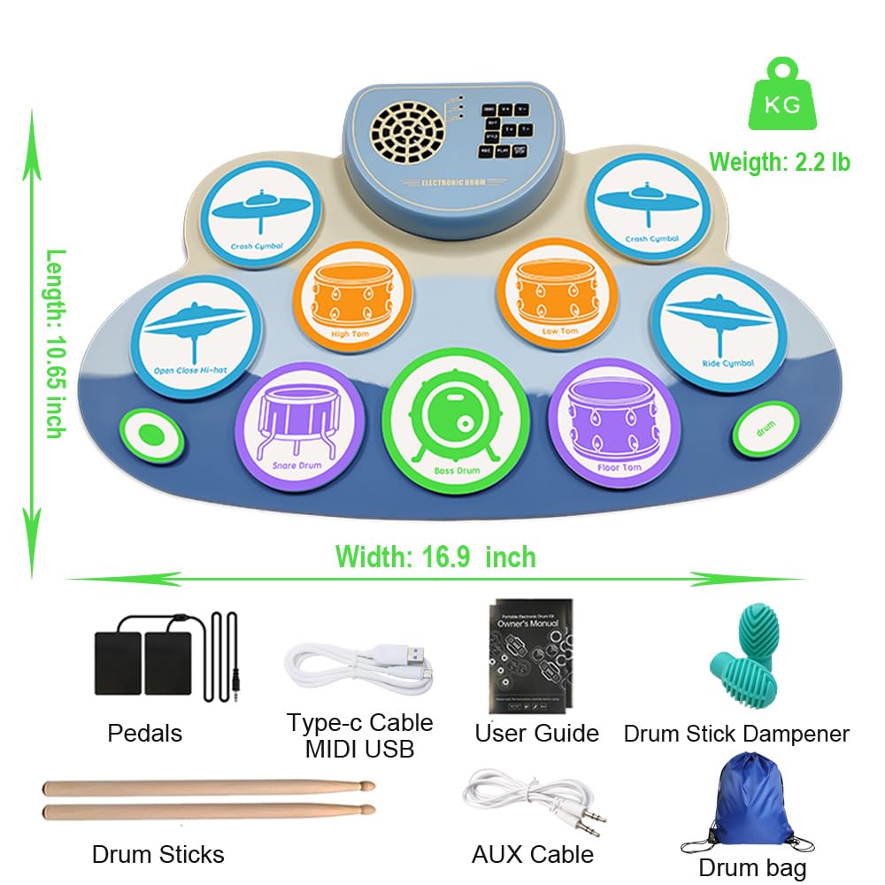 Electric Drum Set, Electronic Drum Pad - Portable Foldable Roll Up 9 Pads Practice Digital Drum Kit for Kids and Adult Beginner Drummers Christmas Gift