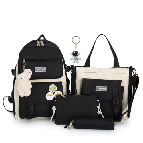 Teslawi kawaii backpack 4Pcs Set Aesthetic backpack 17in backpack,with Kawaii Pendants,Crossbody Bag ,Pencil Case, Handbag (Black)