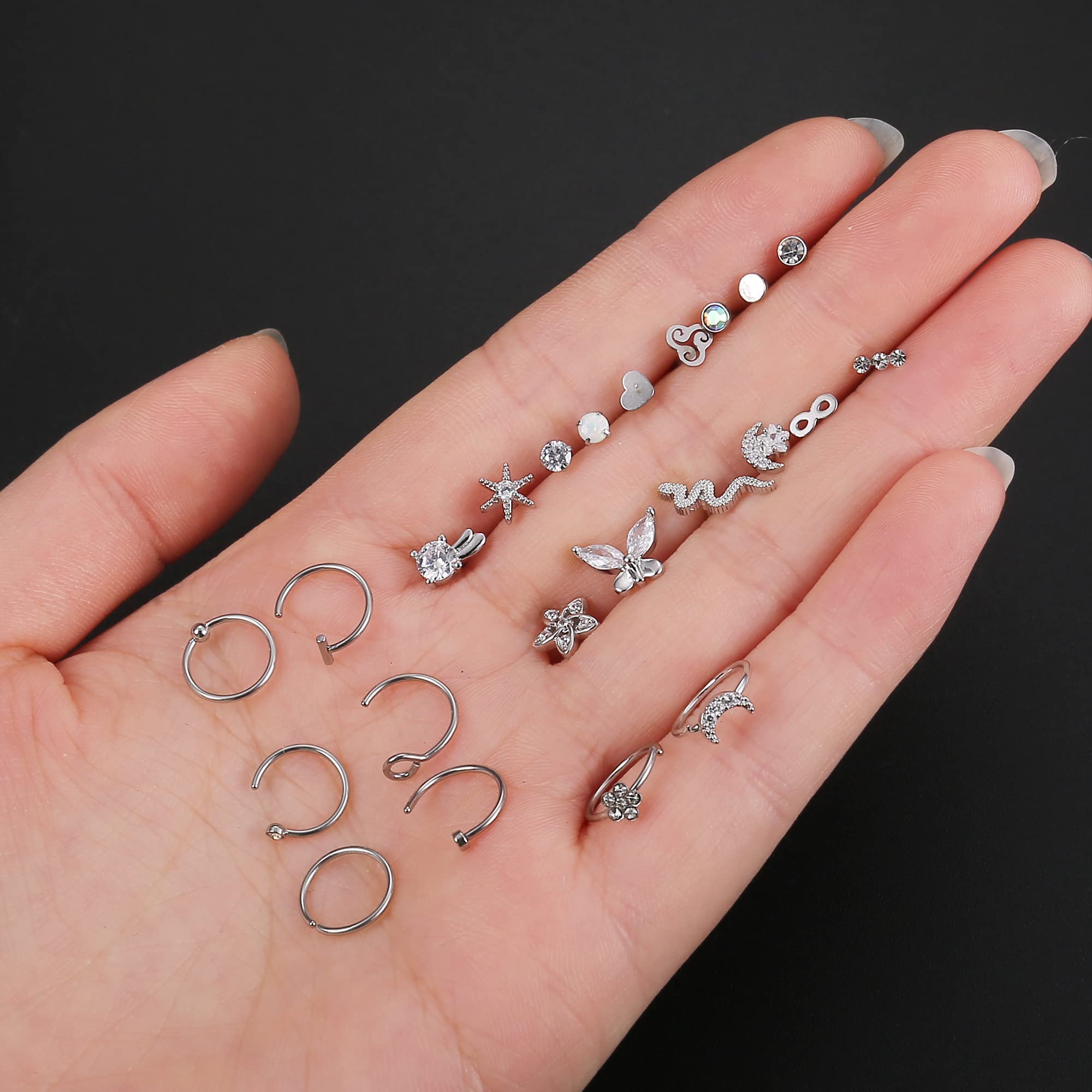 FIBO STEEL Nose Rings 20G Nose Rings Hoops Studs for Women Surgical Steel Nose Piercings Set L Bone Screws Shaped Silver-tone