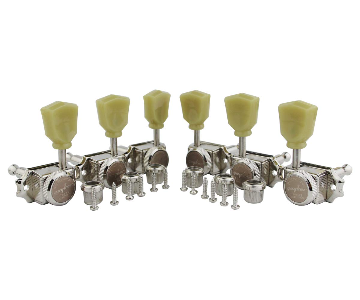 Guyker 3x3 Vintage Style Locking Guitar Machine Heads β 1:15 Ratio Lock String Deluxe Tuning Key Pegs Tuners Set Replacement for Electric, Acoustic or Folk Guitars - nickel