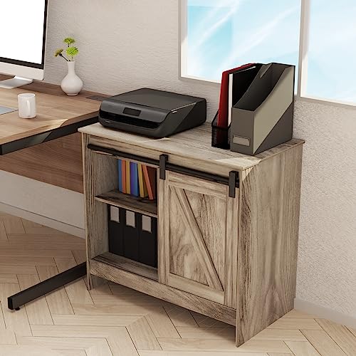 Landia Home Farmhouse Accent Cabinet, End Table, Modern Bed Side End Table with Barn Door and Shelf, Nightstand for Bedroom, Living Room, Grey