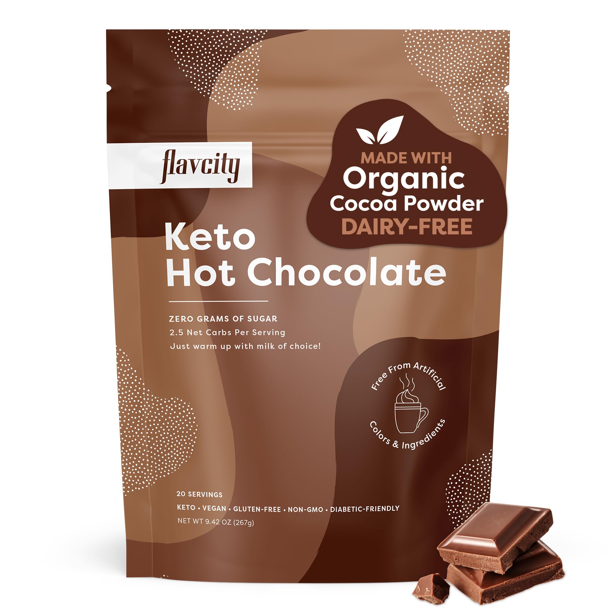 FlavCity Keto Hot Chocolate Powder, Original â Dairy-Free & Sugar-Free Organic Cocoa Powder Drink Mix â High-Fiber, Low-Carb & Gluten-Free Prebiotic - Vegan & Non-GMO (9.4 Oz)