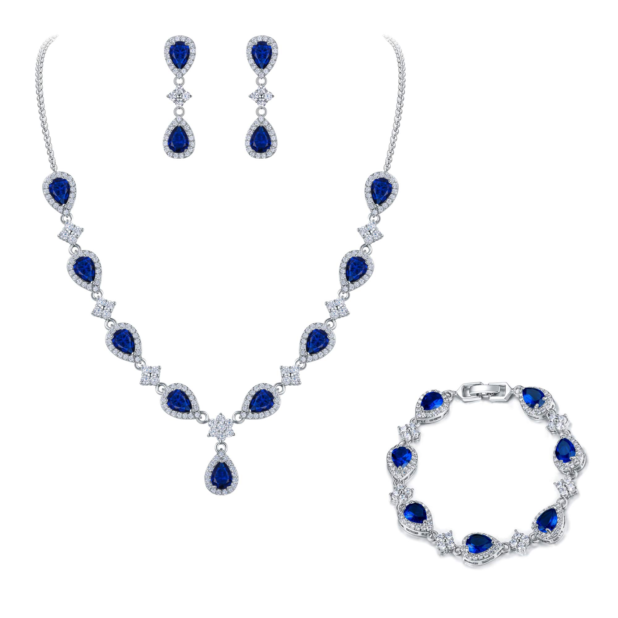 EleQueen Women's Silver-Tone Cubic Zirconia Teardrop Flower Bridal V-Necklace Sets Tennis Bracelet Dangle Earrings Sapphire Color