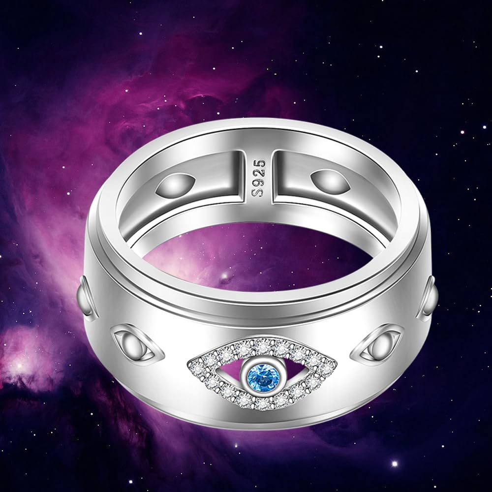 Fidget Ring Spinner Evil Eye Ring Sterling Silver Blue Evil Eyes Anxiety Worry Relieving Boredom Band Rings Nazar Amulet Third Eye Jewelry Size 8