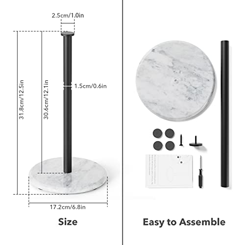 Susswiff Paper Towel Holder Countertop with Natural Marble Base, Kitchen Roll Holder, Standing Paper Towel Dispenser for Standard or Jumbo-Sized Rolls, Matte Black