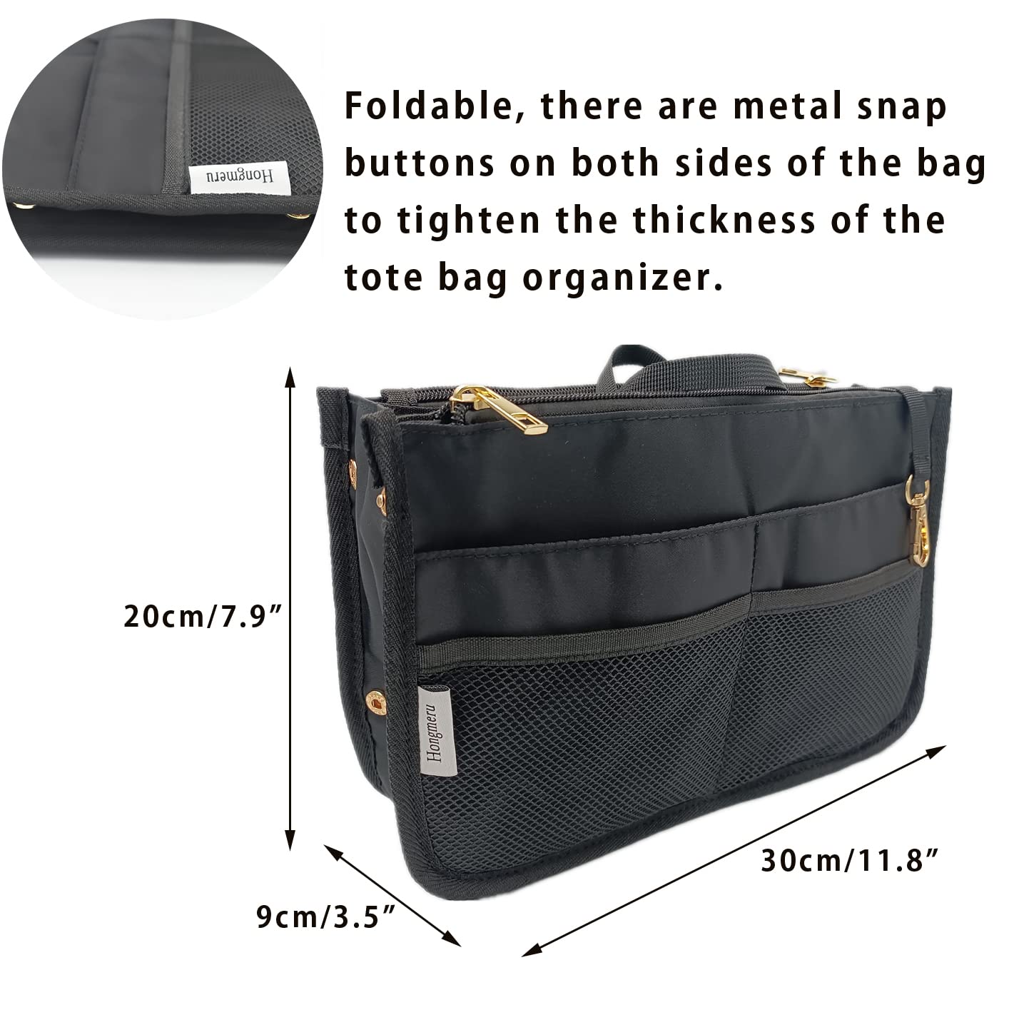 Hongmeru Purse Organizer Insert for Handbags, Tote Bag Organizer Insert with 11 Pockets, Bag Organizer for Tote with Handle, Nylon, Foldable, Tote Organizer Insert with Metal Zipper and Hook Black