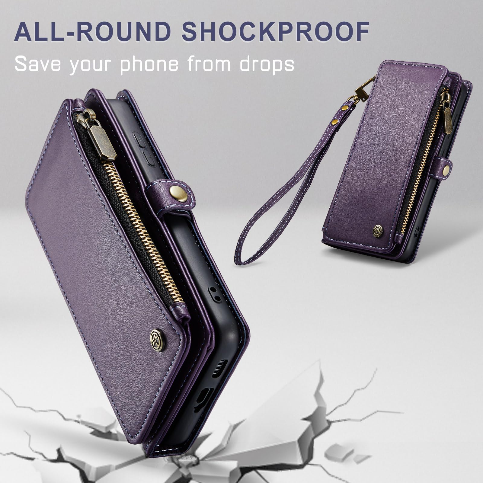 Defencase for Samsung Galaxy S21 Case, RFID Blocking for Galaxy S21 Case Wallet for Women Men with Card Holder, PU Leather Wrist Strap Zipper Pocket Magnetic Flip Phone Case for Samsung S21 5G, Purple