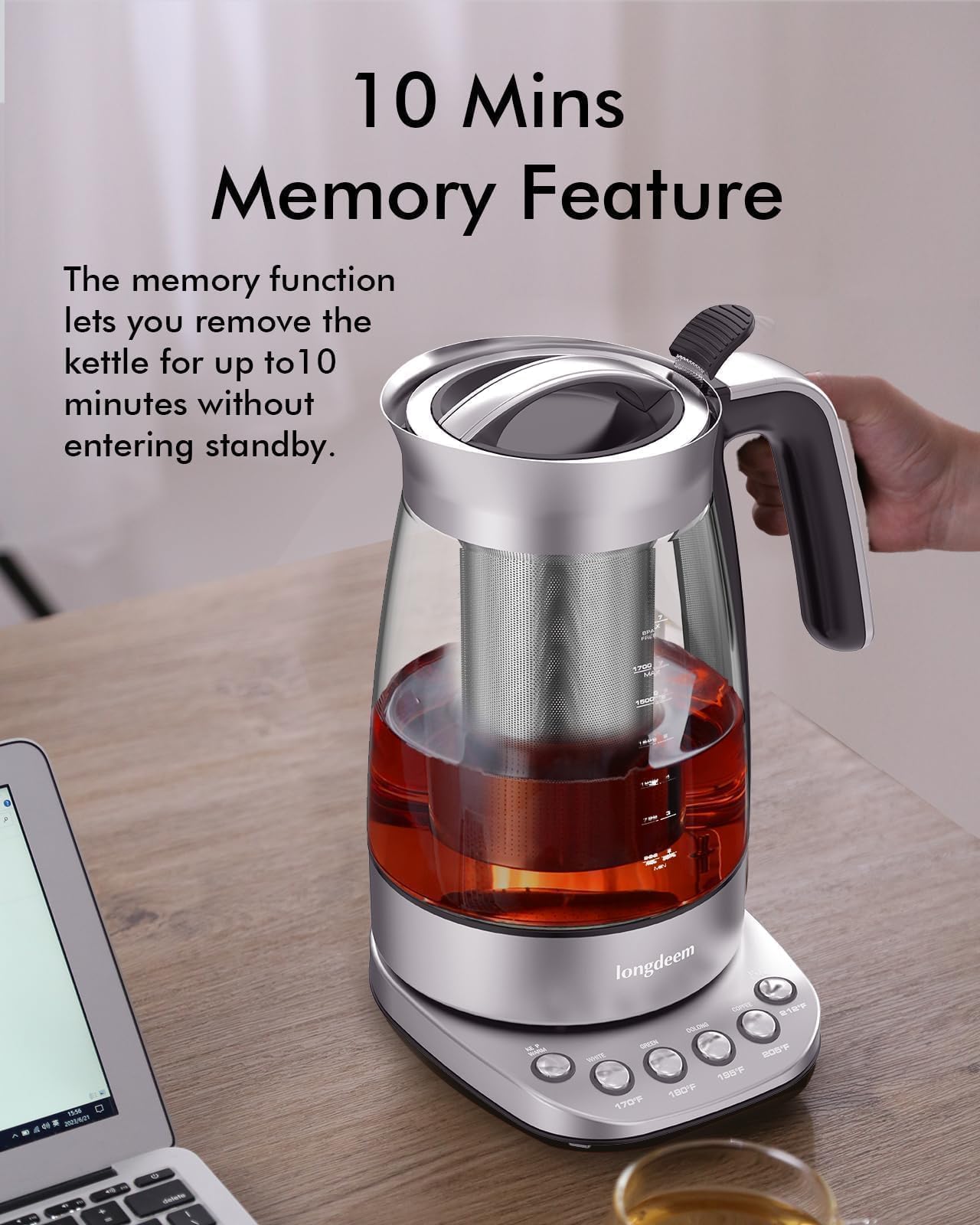 Electric Glass Tea Kettle with Infuser, 1.7L/1500W Fast Boiling, Stainless Steel, Temperature Control Tea Maker, BPA Free - Easy Lid Removal & Keep Warm Feature, Silver