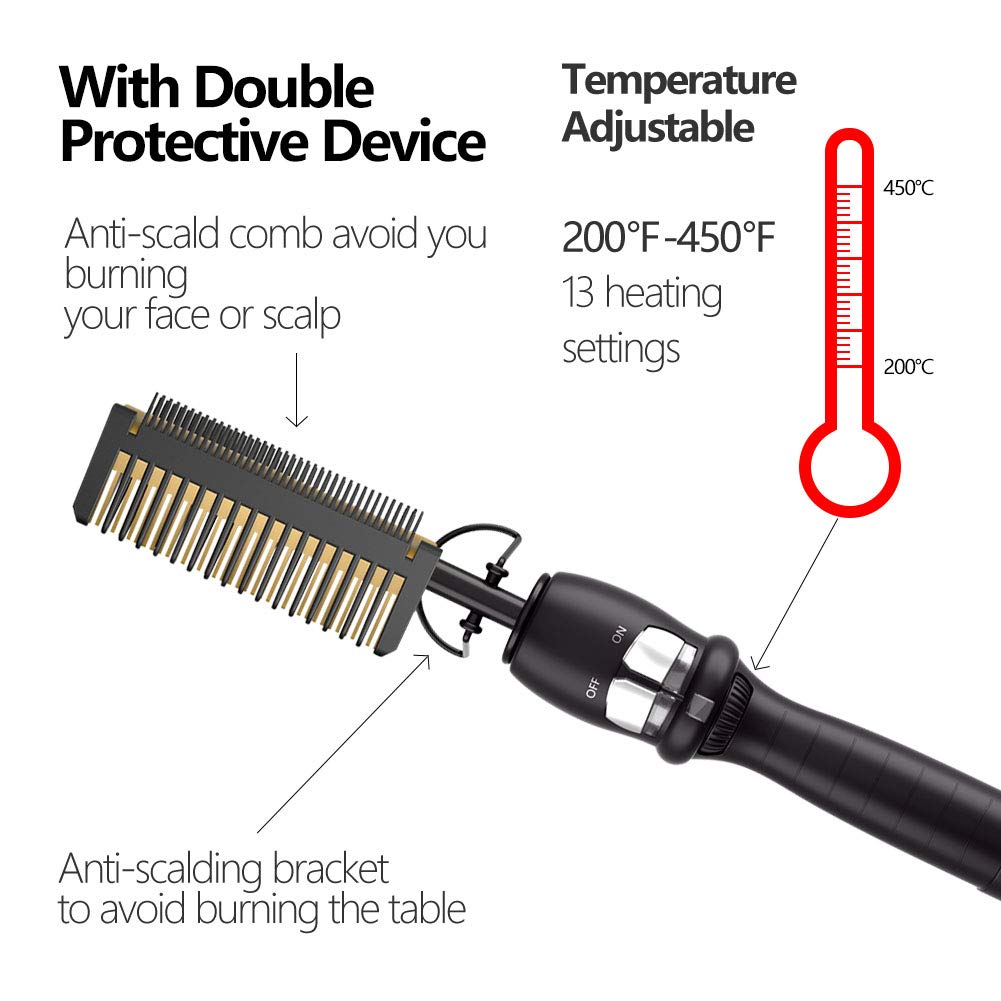 Electric Hot Comb Hair Beard Professional Straightener, Ceramic Heats Up Fast 200-500℉ Temperature Adjustable Heat Setting, Double Protective Device straightening Pressing Comb for Stylist and Family