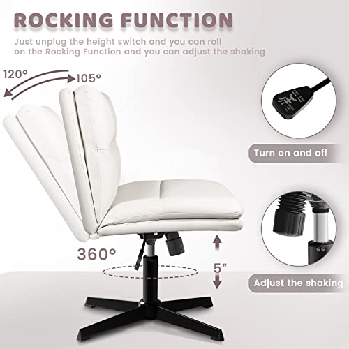 LEMBERI PU Leather Armless Office Desk Chair No Wheels,Criss Cross Legged Home Office Wide Padded Swivel Vanity Chair,120°Rocking Mid Back Ergonomic Computer Task Chair for Make Up,Small Space