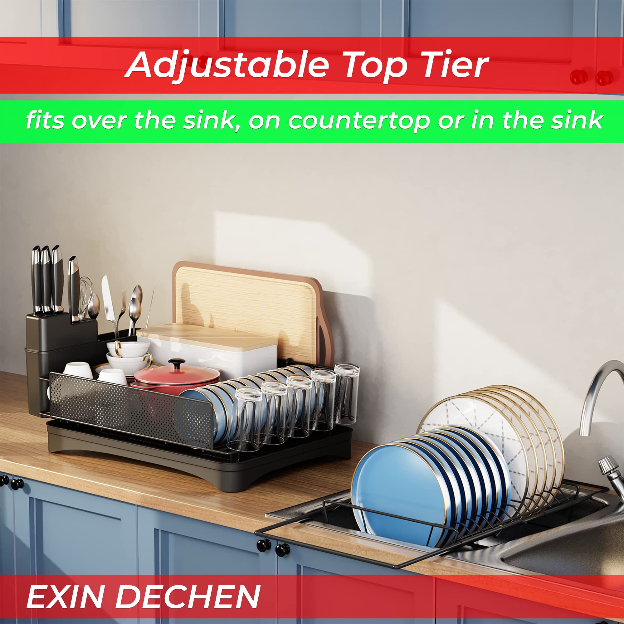 EXIN DECHEN Dish Drying Rack – 2 Tier Large Dish Rack with Auto Drainage, Stainless Steel Dish Drainer for Kitchen Counter with Glass Holder, Cutting Board Holder and Extra Drying Mat