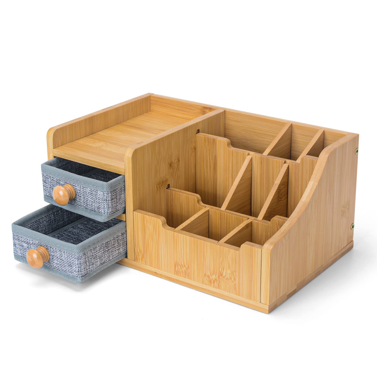 ikkle Bamboo Desk Makeup Organizer Cosmetic Organizer Storage Box with Drawer for Bathroom/Dresser, 9 Detachable Slots for Brushes, Lipstick, Great Organizer for Home or Office (Need to assemble)