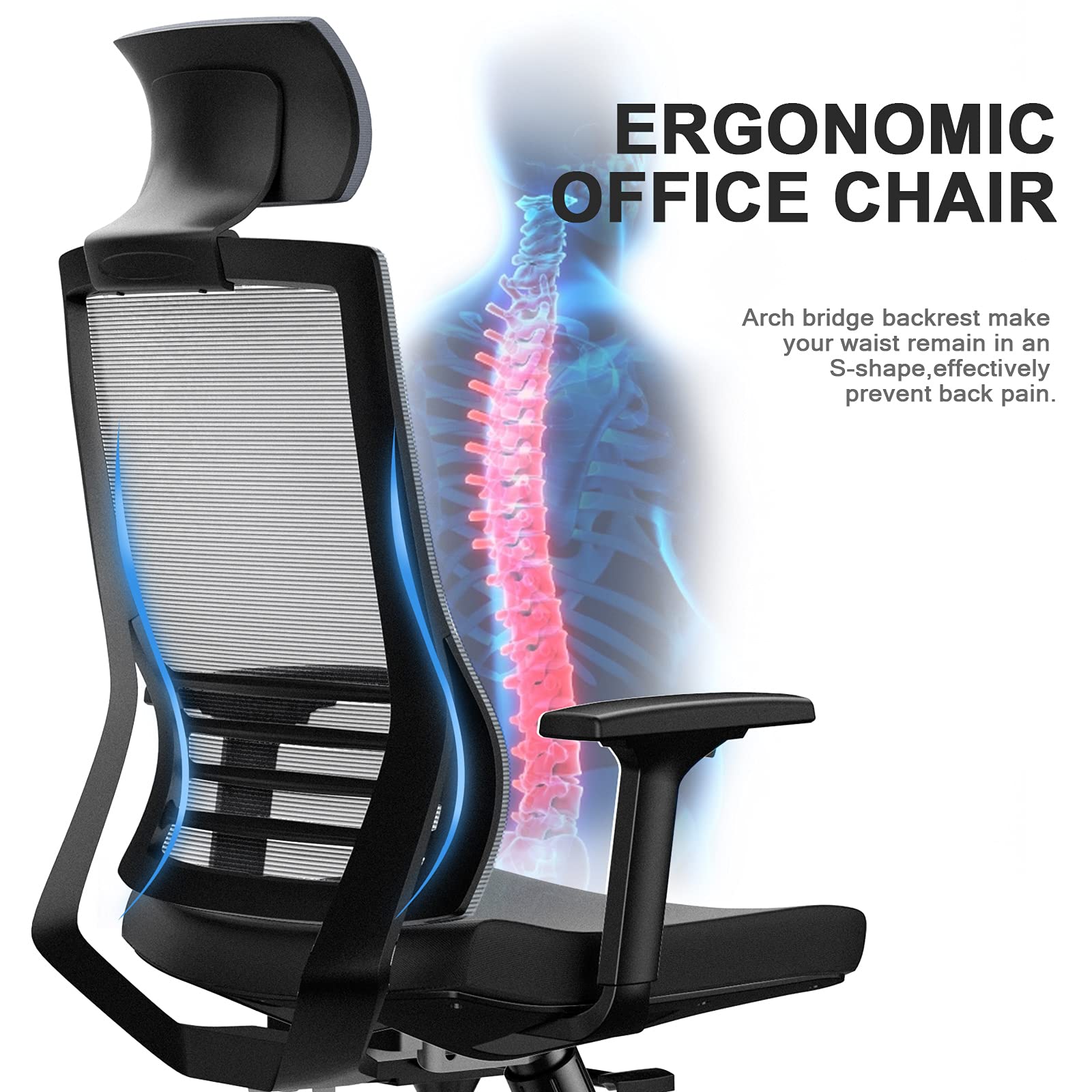 Ergonomic Office Chair High Back Mesh Office Chair with 3D Armrest, Adjustable Headrest, Comfortable Back Support Computer Desk Chairs for Home Office