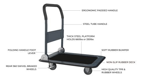 TITANT Push Cart Dolly - Foldable Cart with Wheels (330 lbs Weight Capacity) Dolly Cart with 360° Swivel Braked Wheels - Foldable Platform Hand Truck for Easy Storage