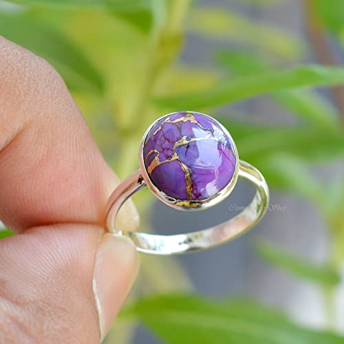 Gemstone 925 Sterling Silver Ring Healing gemstone Ring Purple Copper Turquoise Round Shape Gemstones/Reiki Healing Gemstone Protection Ring -1592 (11)