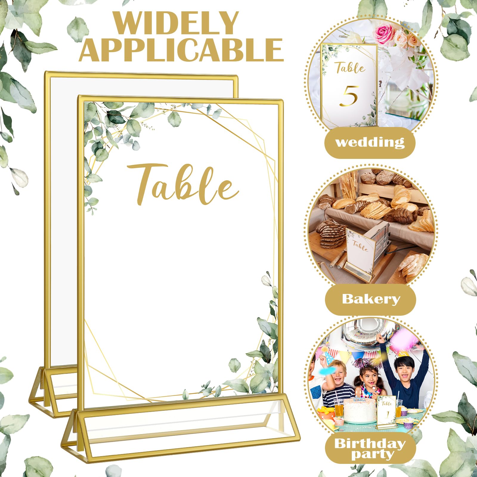 Threehoney 12 Pack Wedding Table Number Holders with 25 Pcs Eucalyptus Table Number Cards 5x7 Inch Gold Acrylic Table Number Frames with Number Cards for Wedding Reception Birthday Bridal Party