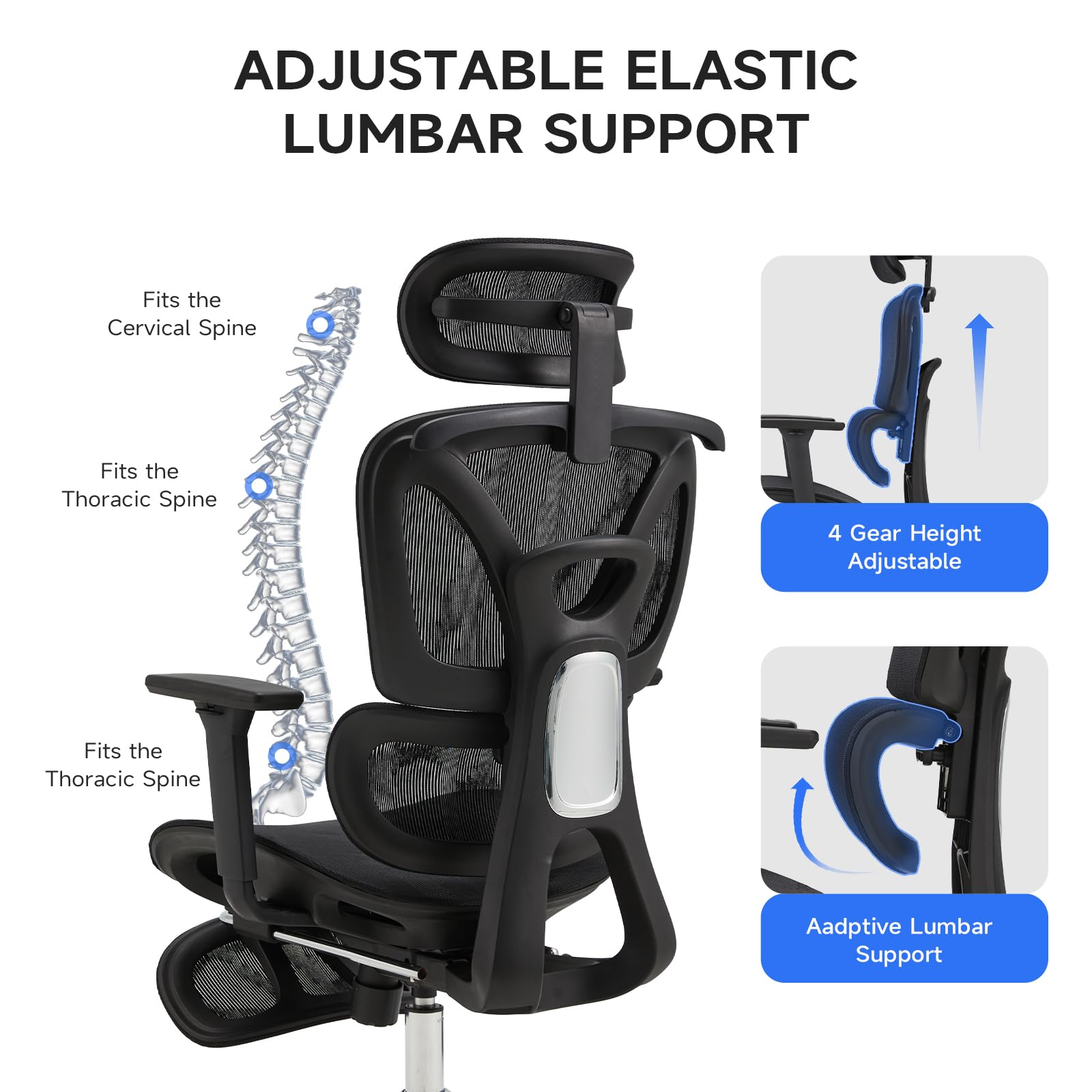 Office Chair Ergonomic Desk Chair, High Back Office Chair with Lumbar Support, Mesh Desk Chair with Adjustable Headrest Tilt Function and PU Wheels for Home Office Study and Work (Black)