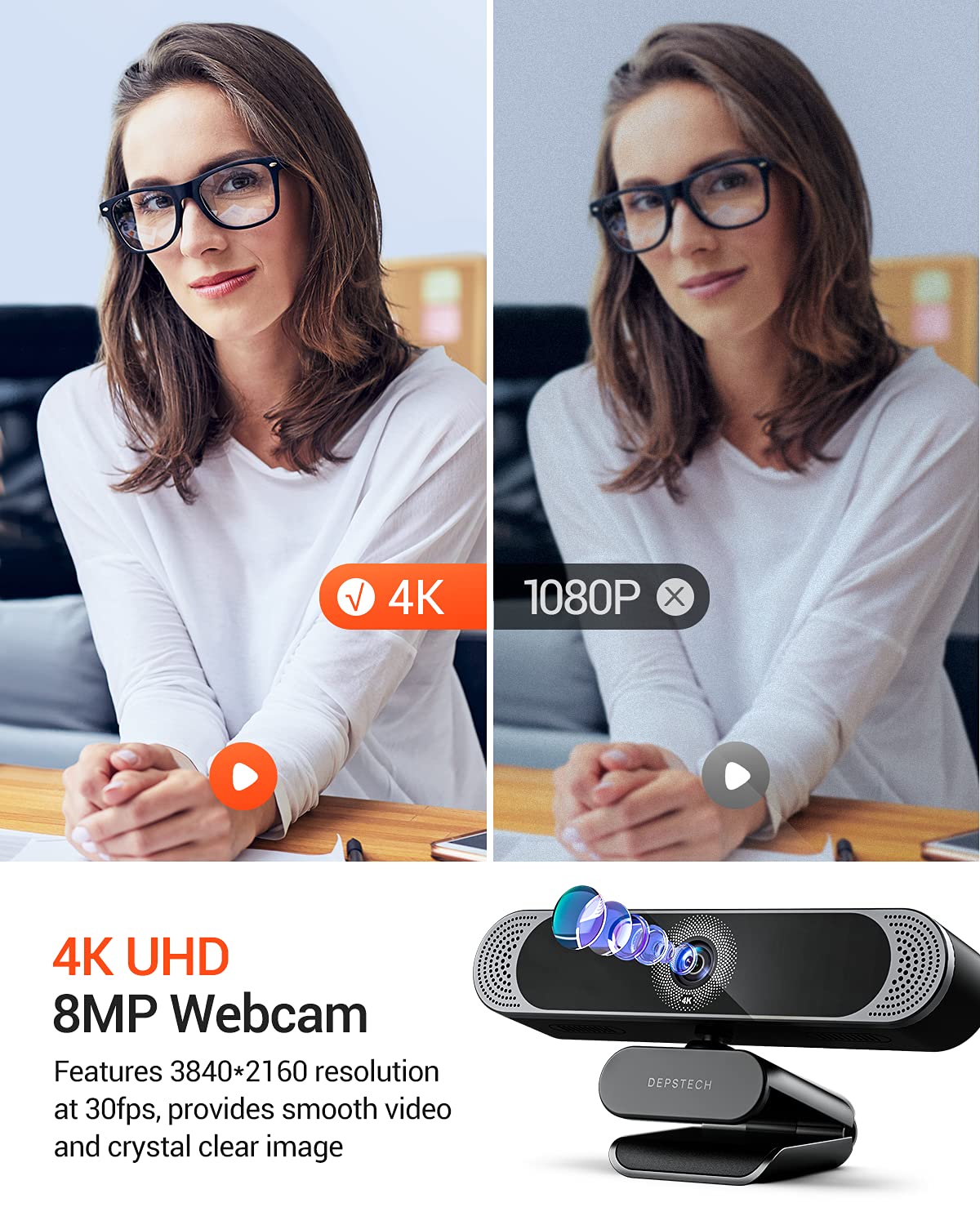 DEPSTECH Webcam 4K, 3X Zoomable Webcam with Microphone and Remote, 1/3" Sensor, Dual Noise-Canceling Mics, Autofocus Computer Camera for PC Mac, Streaming, Video Call, Zoom, Skype, Teams