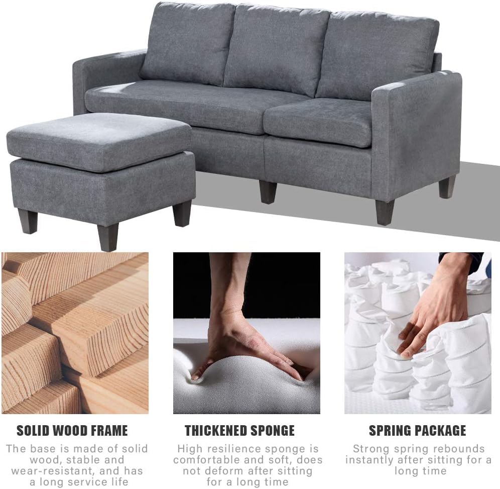 PayLessHere Covertible Sectional Sofa Couch Modern Linen Fabric L-Shaped 3 Seat Sofa Sectional with Reversible Chaise for Living Room, Apartment, Office and Small Space (Dark Grey)