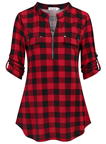 Ninedaily Plaid Shirts for Women, Gifts for Women Shirts Happy New Years Shirts Christmas Outfits 2023 Casual Extra Long Dressy Tunics to Wear with Legging Loose Hem Black and Red Plaid Shirt Size XL