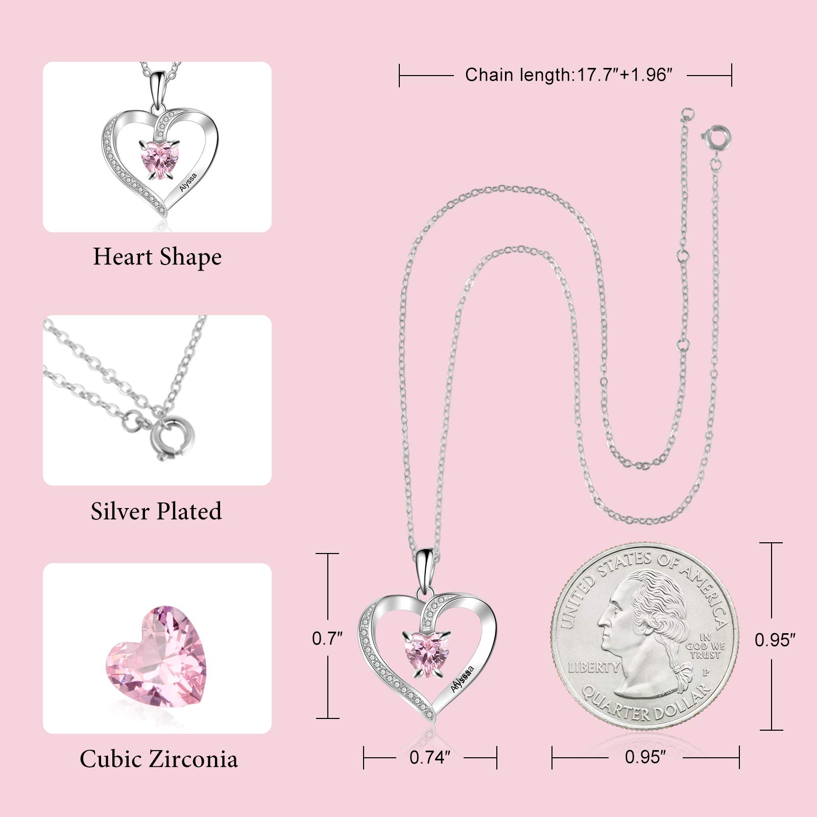 Gemszoo Personalized Names Heart Necklace with Simulated Birthstone Pendant Necklace for Women Mother (1 Name)
