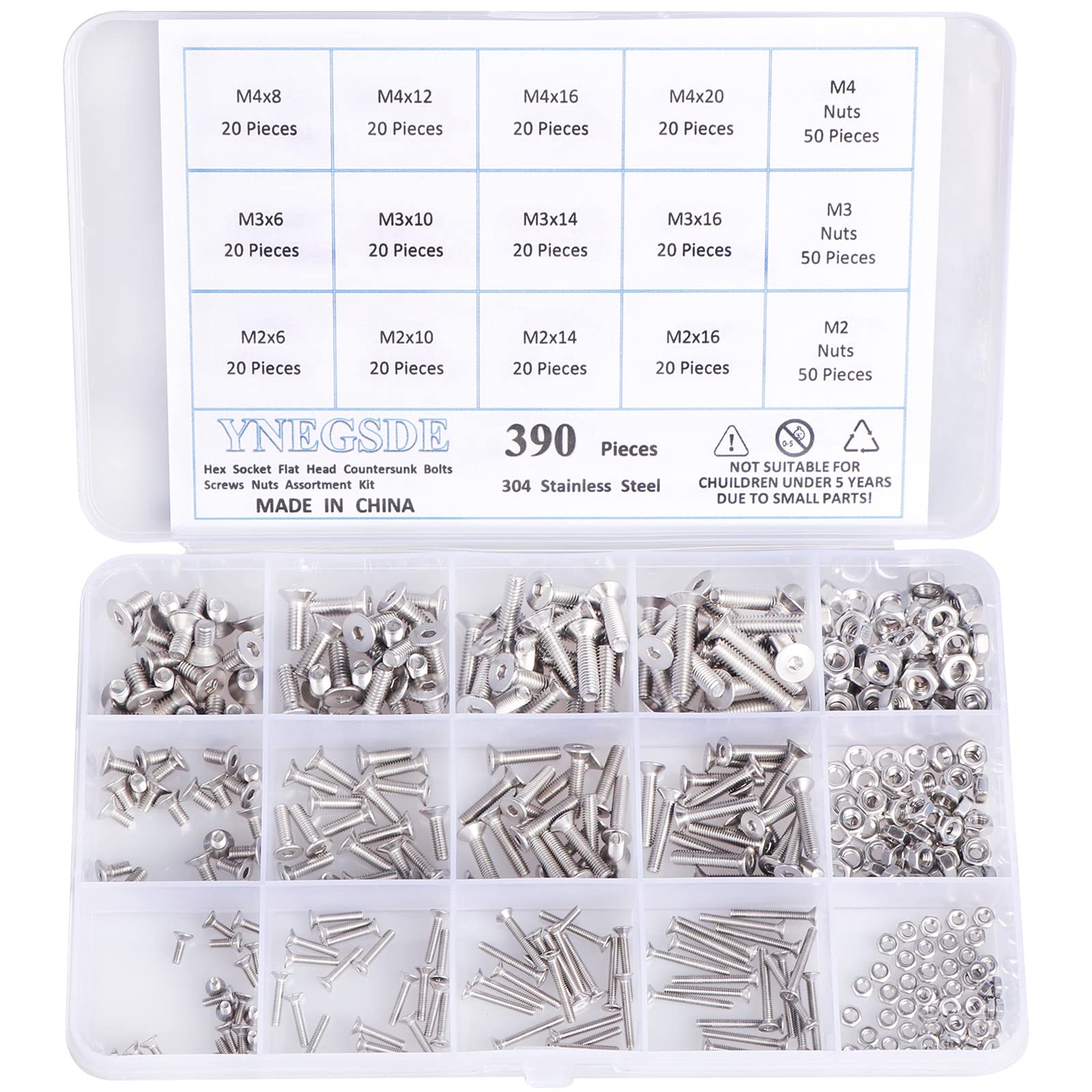 M2 M3 M4 Flat Head Hex Socket Cap Screws Bolts 390Pcs Countersunk Head Allen Hex Drive Machine Screws 304 Stainless Steel Nuts and Bolts Assortment Kit, Fully Threaded