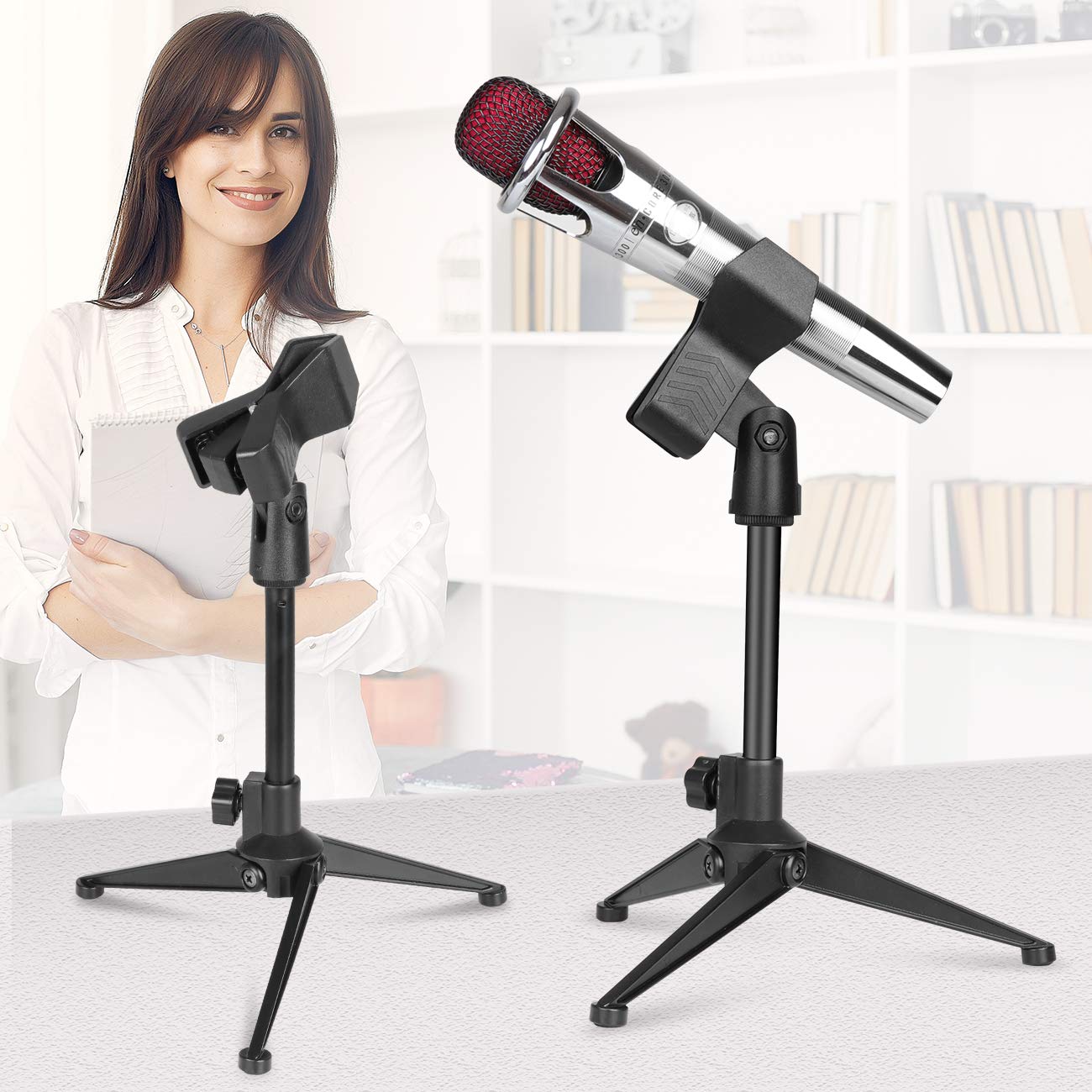 Depusheng Microphone Stand Adjustable Microphone Stand Foldable Mic Clamp Clip Holder Stand Metal Tripod