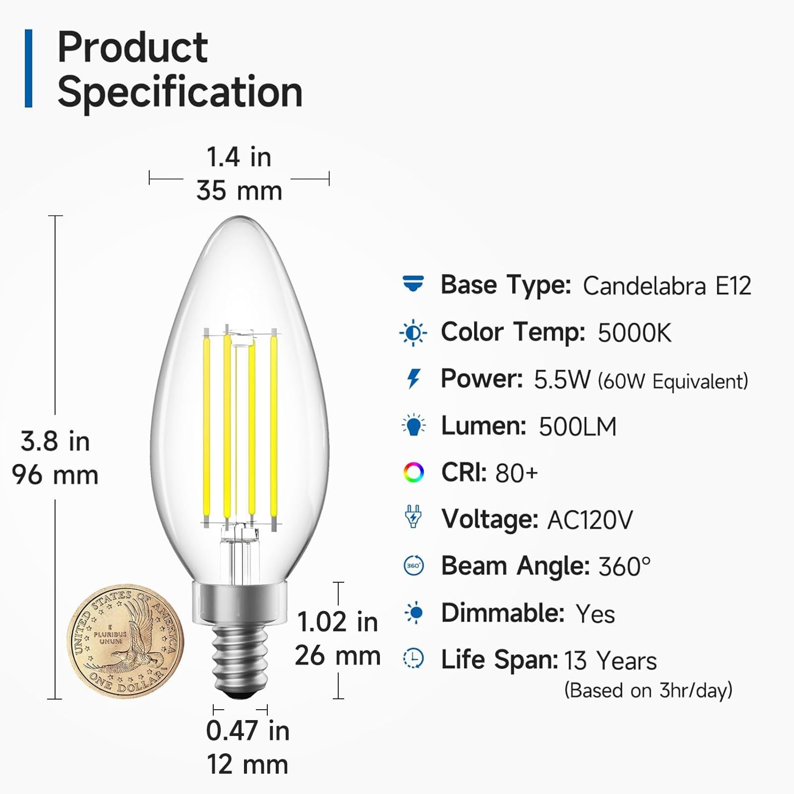 SHINESTAR E12 Candelabra LED Light Bulb, 60W Equivalent, Warm White 2700K, Dimmable Chandelier Light Bulbs, Decorative Candle Bulb, 500 Lumen, 3-Pack
