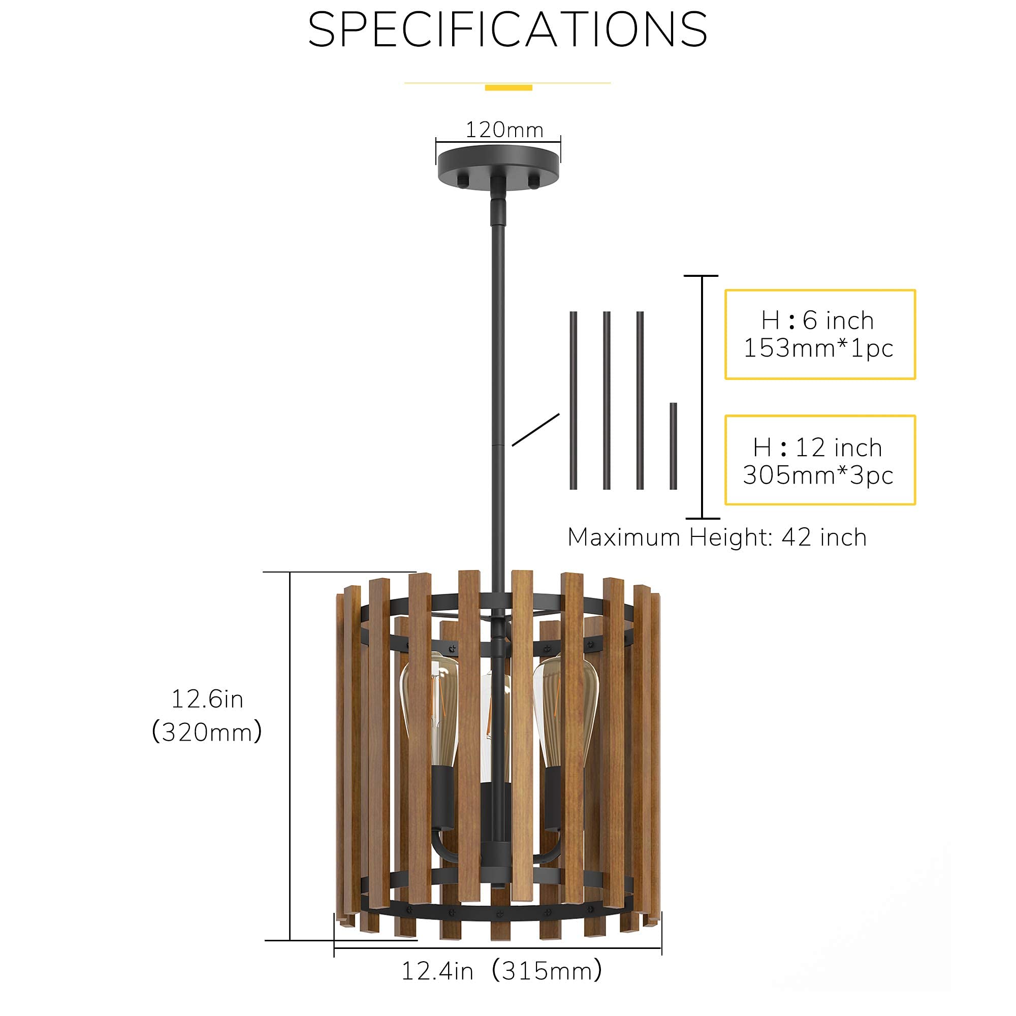 GETINLIGHT 12" W 3-Light Wood and Black Finish Farmhouse Pendant Lighting for Kitchen Island, Dining Room, Rustic Drum Hanging Pendant Light with Adjustable Height, Bulb Not Included, IN-0333-3-WD