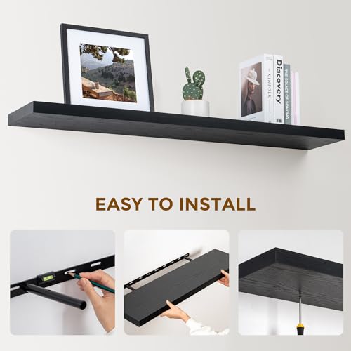 Fun Memories Floating Shelves 48 Inch Long, 9.3 Inch Deep Wall Shelf Fireplace Mantel, Rustic Farmhouse Wooden Shelves for Wall Decor Bathroom, Kitchen, Office, Black, Set of 1