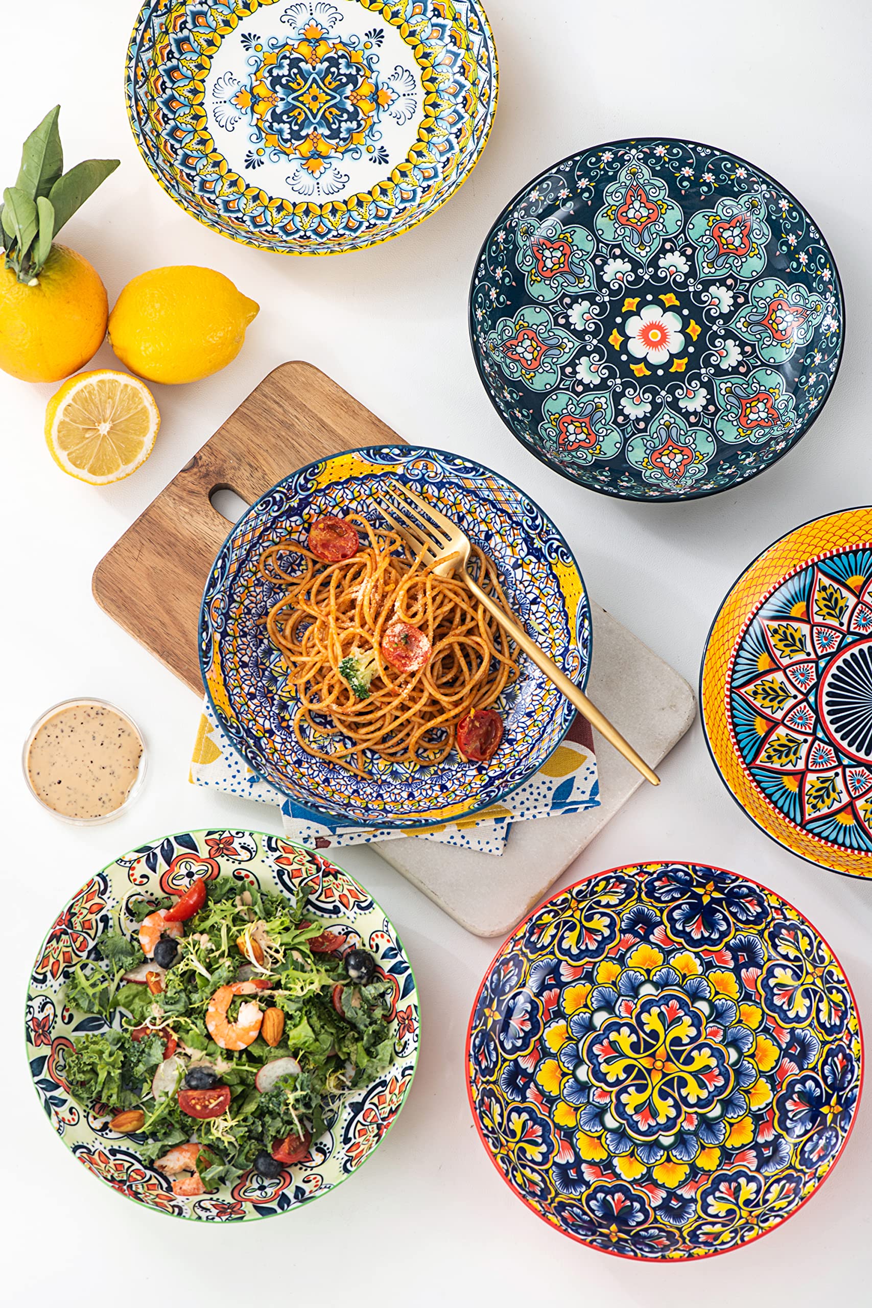HENXFEN LEAD Ceramic Soup, Pasta Bowls Bundle - Colorful Bowls for Kithchen, Dinner, Eating -Bohemian Style