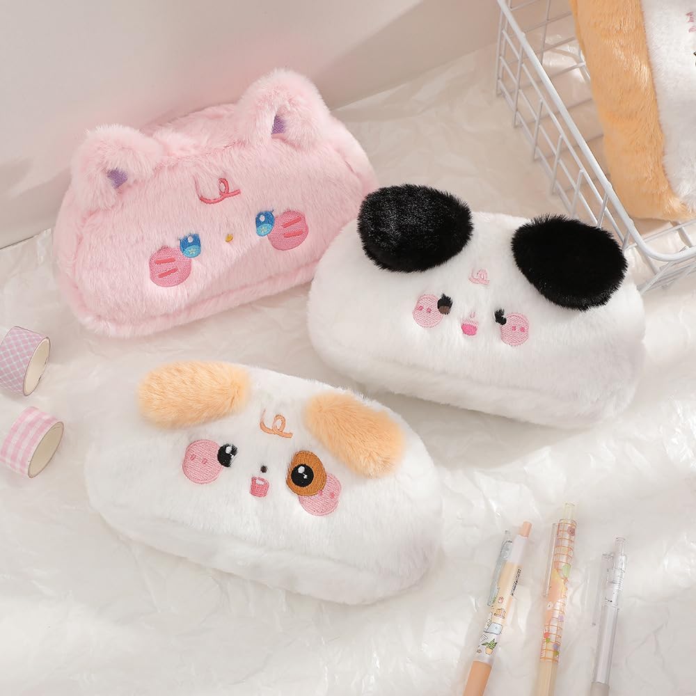NIORYUZ Fluffy Plush Cute Animal Puppy Kitty Bunny Pencil/Pen Pouch Soft Cosmetic Bag Tote/Travel Organizer Large Capacity (Kitty)