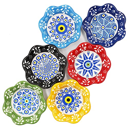 HeraCraft 6pcs Daisy Shaped Evil Eye Hand-Painted Ceramic Snack Bowls 3.74''/9.5cm-77ml/2.7 oz Decorative Nazar Design Multi-Purpose Cute Set - Pinch Sauce Dipping Finger Small Serving Bowls