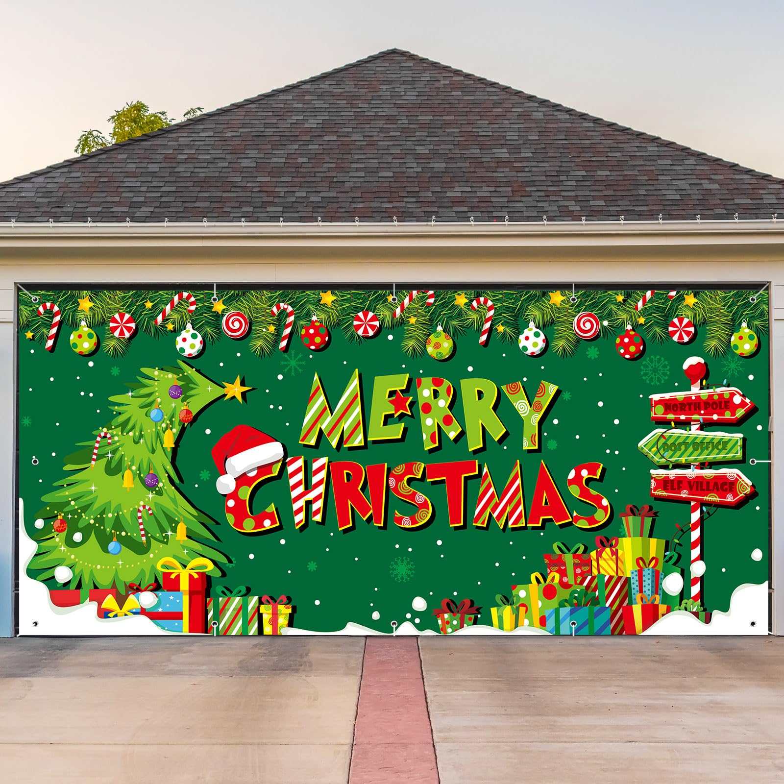 Ganeen Red Green Christmas Outdoor Garage Door Banner Cover 6x13ft Large Merry Christmas Backdrop Decoration Winter Holiday Background Sign for Xmas Garage Door Wall