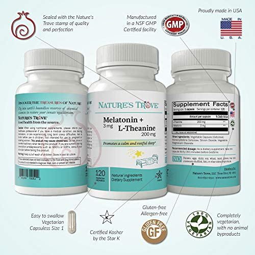 Nature's Trove Melatonin 3mg + L Theanine 200mg – Calm and Relaxation – 120 Kosher Vegetarian Capsules