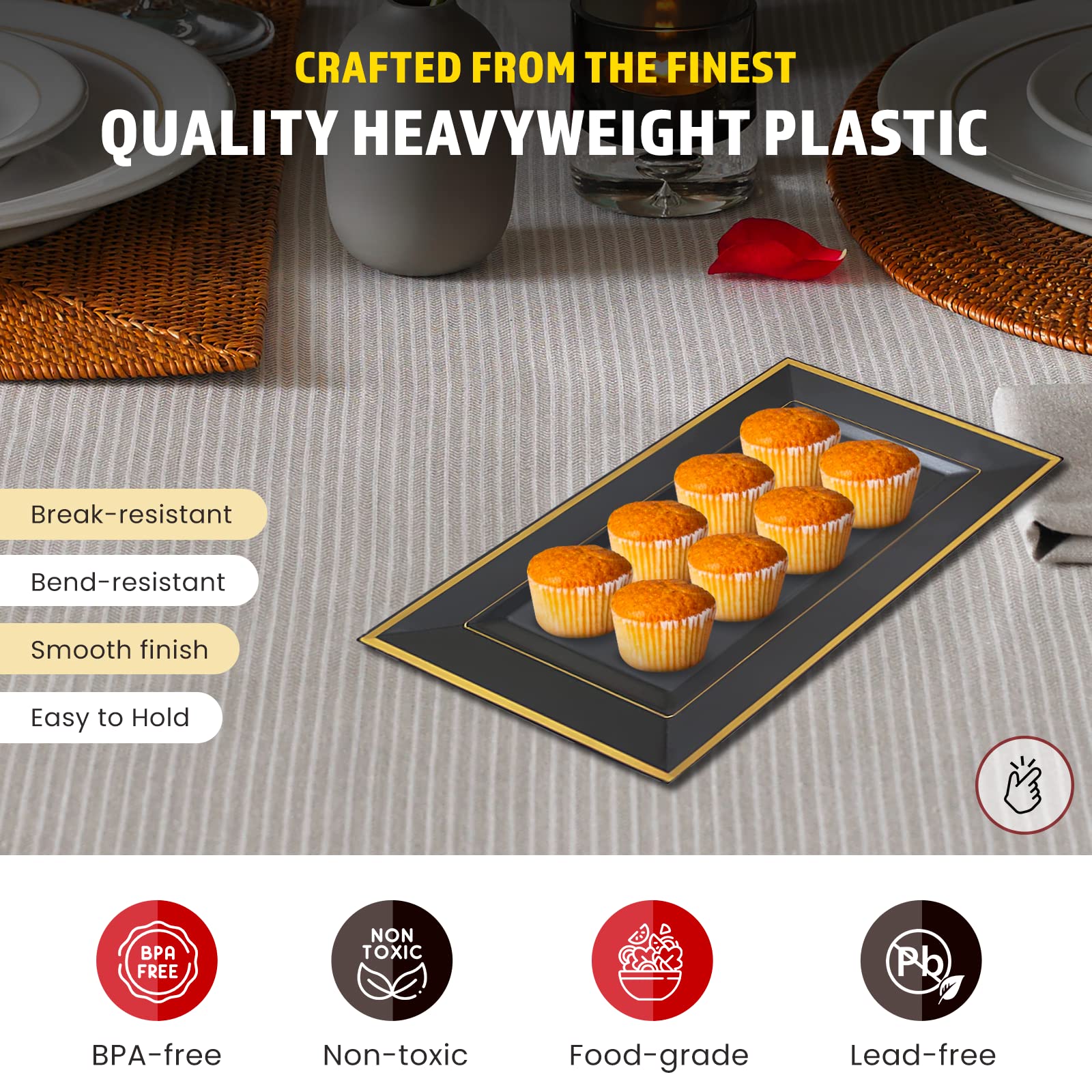 Hard Plastic Serving Tray Set, Black & Gold Rim Disposable Serving Trays & Platters for Food, Large Plastic Trays for Parties, Weddings, Food Trays for Cookies, Dessert, 8" x 13", 4 Pack