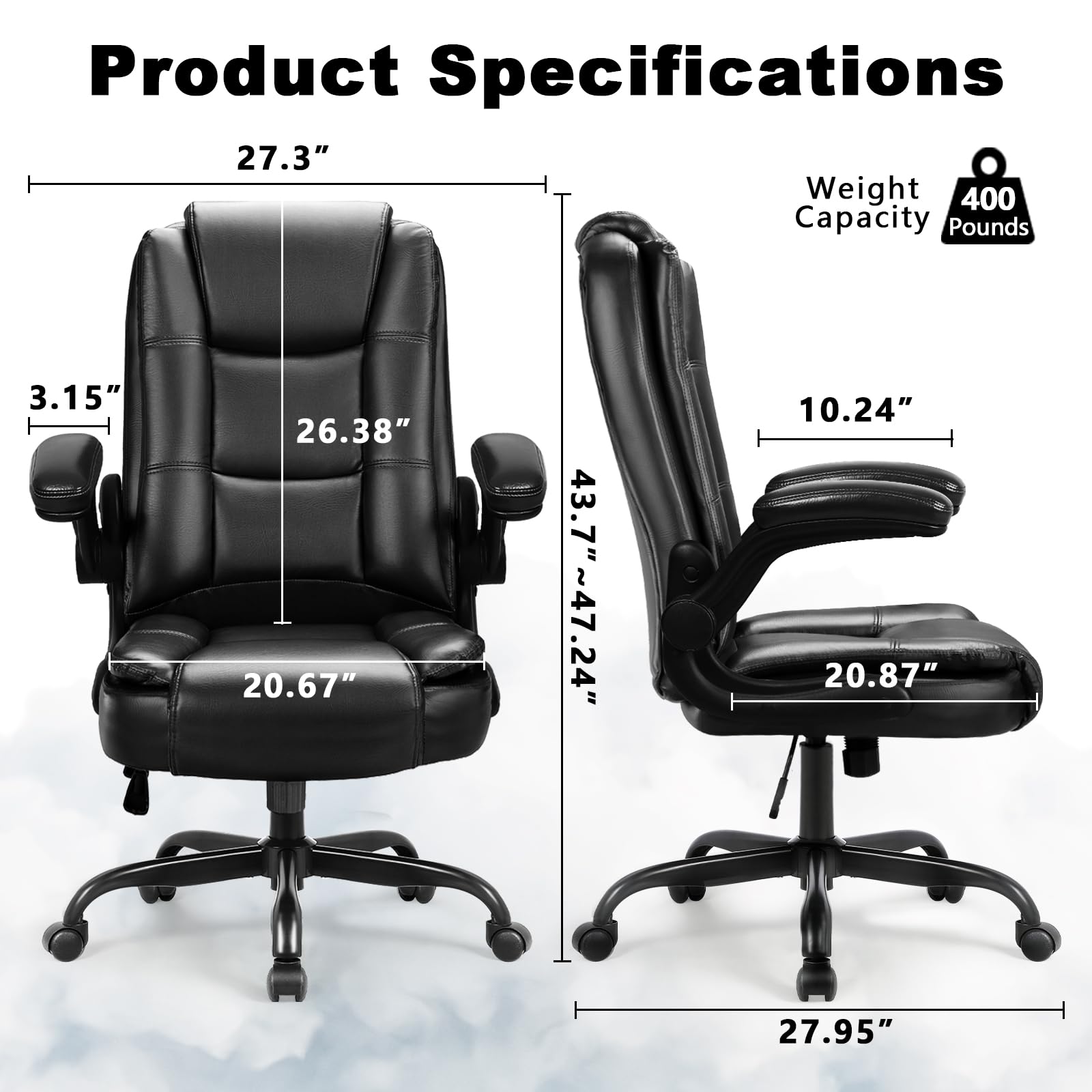 OFIKA Big and Tall Office Chair Computer Desk Chair - Ergonomic High Back Lumbar Support Home Office Chair with Padded Flip-up Arms, Adjustable Height Leather Office Executive Chair (Black1)