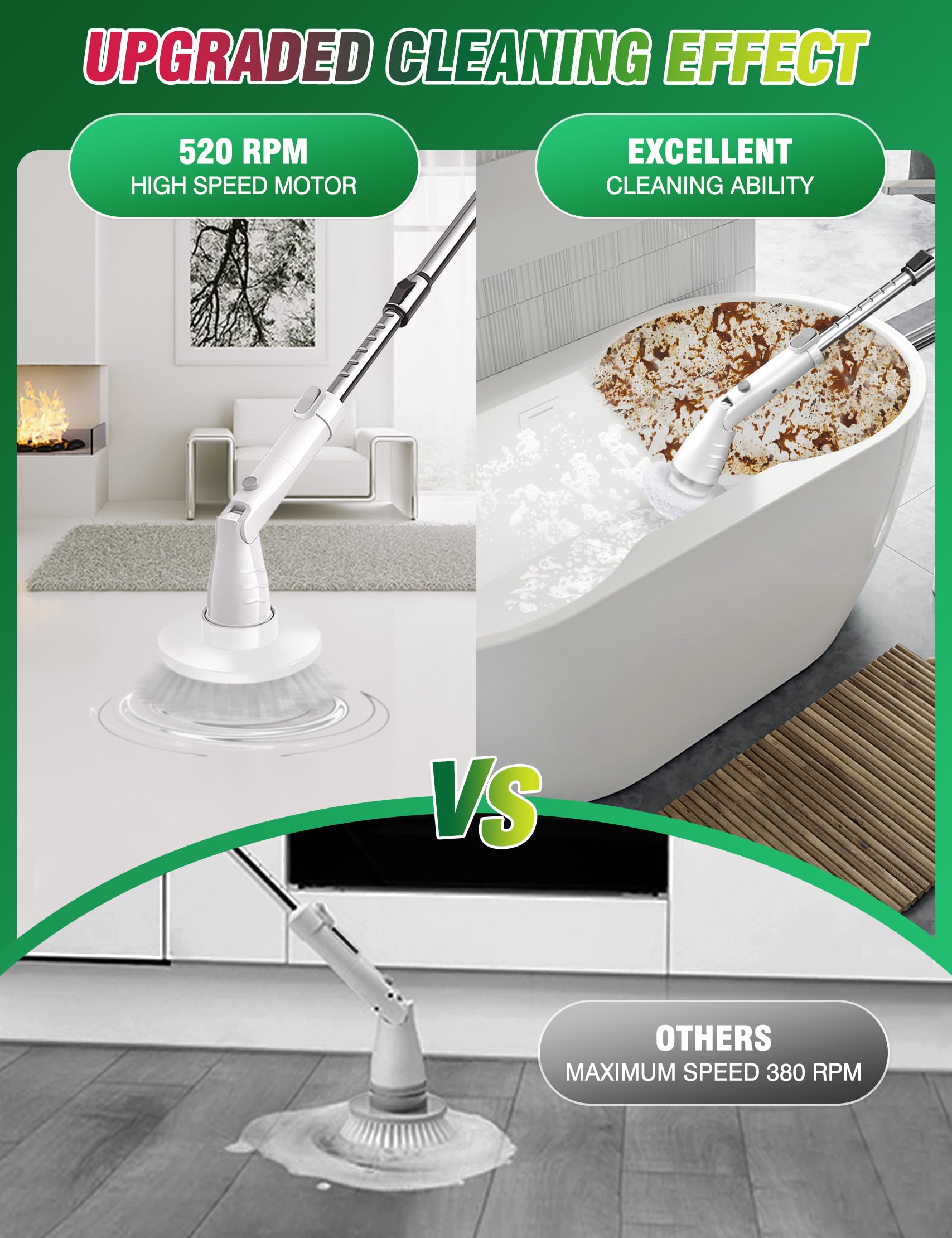Electric Spin Scrubber, 520RPM Cordless Cleaning Brush with 6 Replaceable Head & Adjustable Extension Handle Power Shower Scrubber for Bathroom Tub Grout Floor Wall Sink Tile