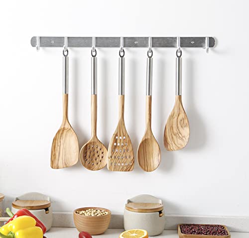 Olive Wooden Spoons for Cooking, NAYAHOSE 5 Pcs Cooking Utensils Set with Stainless Steel Handle, Heat-Resistant Olive Wood Spatulas for Non-Stick Pan